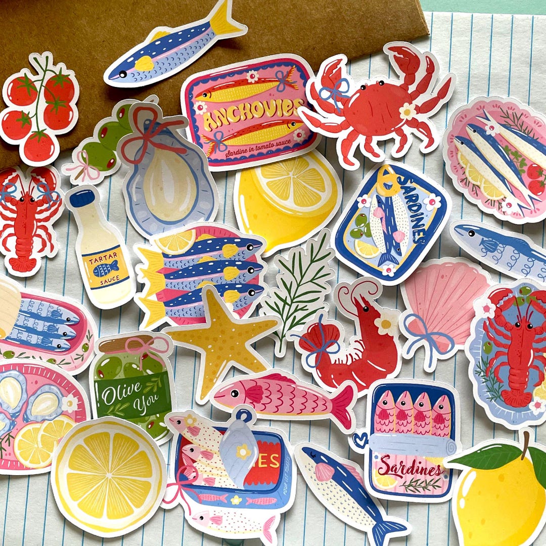 Sardines Stickers, Mediterranean Sticker Pack, 25 PCS Sardines in Can ...