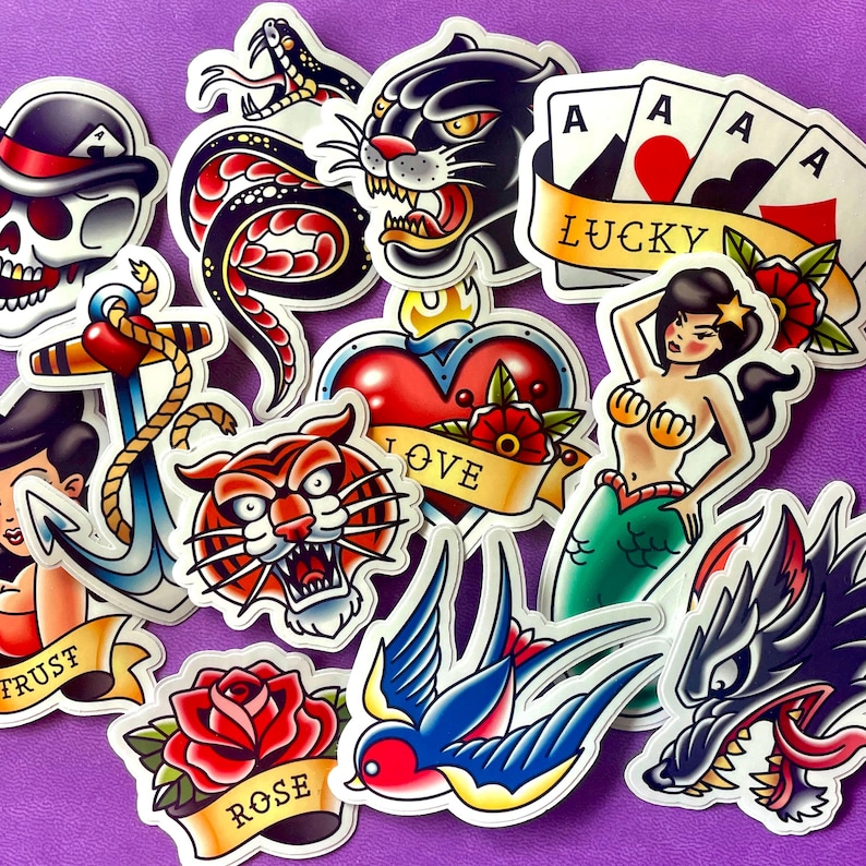 Old School Tattoo Sticker Pack, Traditional Tattoo Flash Sailor Vinyl ...