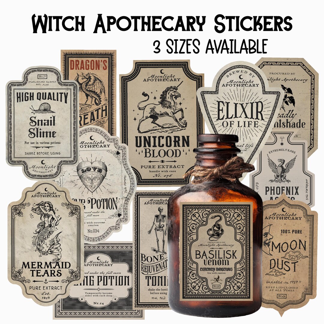 Halloween Apothecary Labels, Vintage Potion Bottle 12 Pcs Stickers ...
