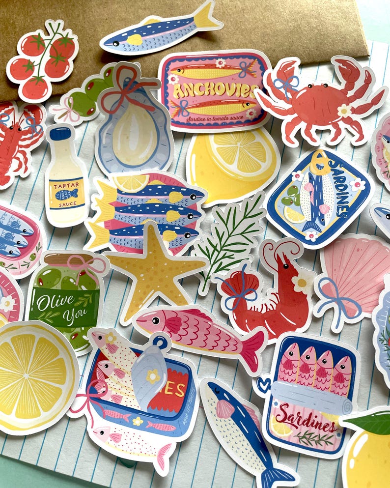 Sardines Stickers, Mediterranean Sticker Pack, 25 PCS Sardines in Can ...