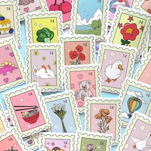 10/25/50 Cute Postage Stamp Stickers, Fake Stamps, Animals Flowers Food ...