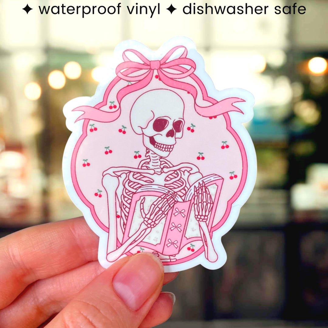 Coquette Book Sticker, Skeleton Reading Waterproof Sticker, Pink Bow ...