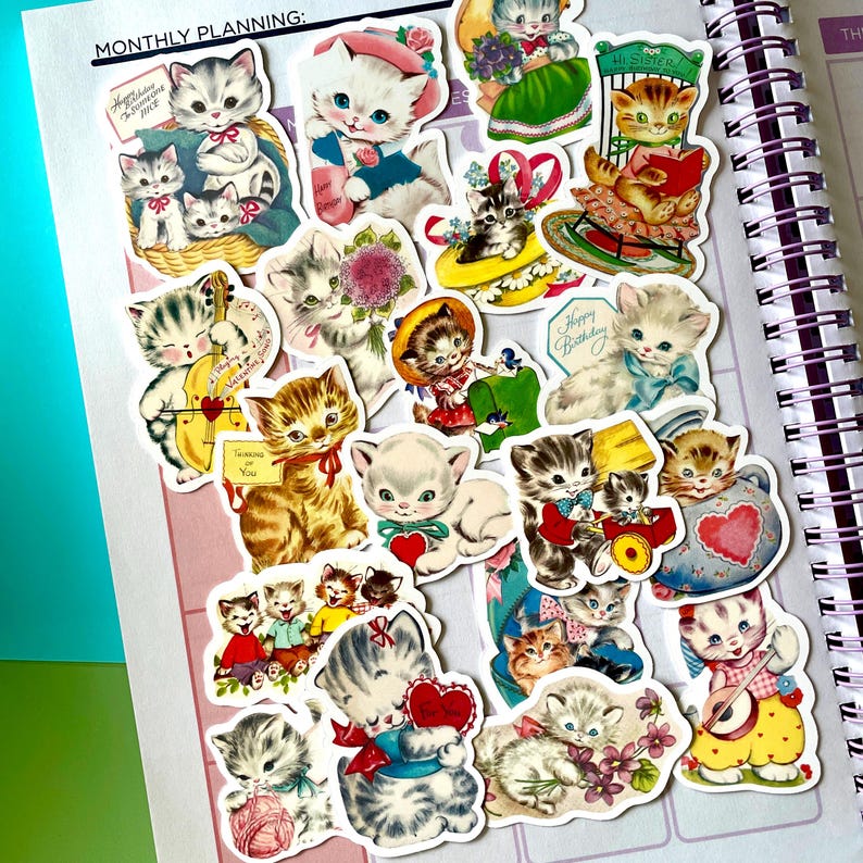 Vintage Cat Stickers, Retro Aesthetic 19 PCS Cute Baby Cat Vinyl ...