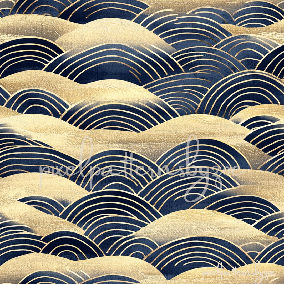 Elegant Japanese Seigaiha Wave Pattern: Gold & Navy Digital Wallpaper ...