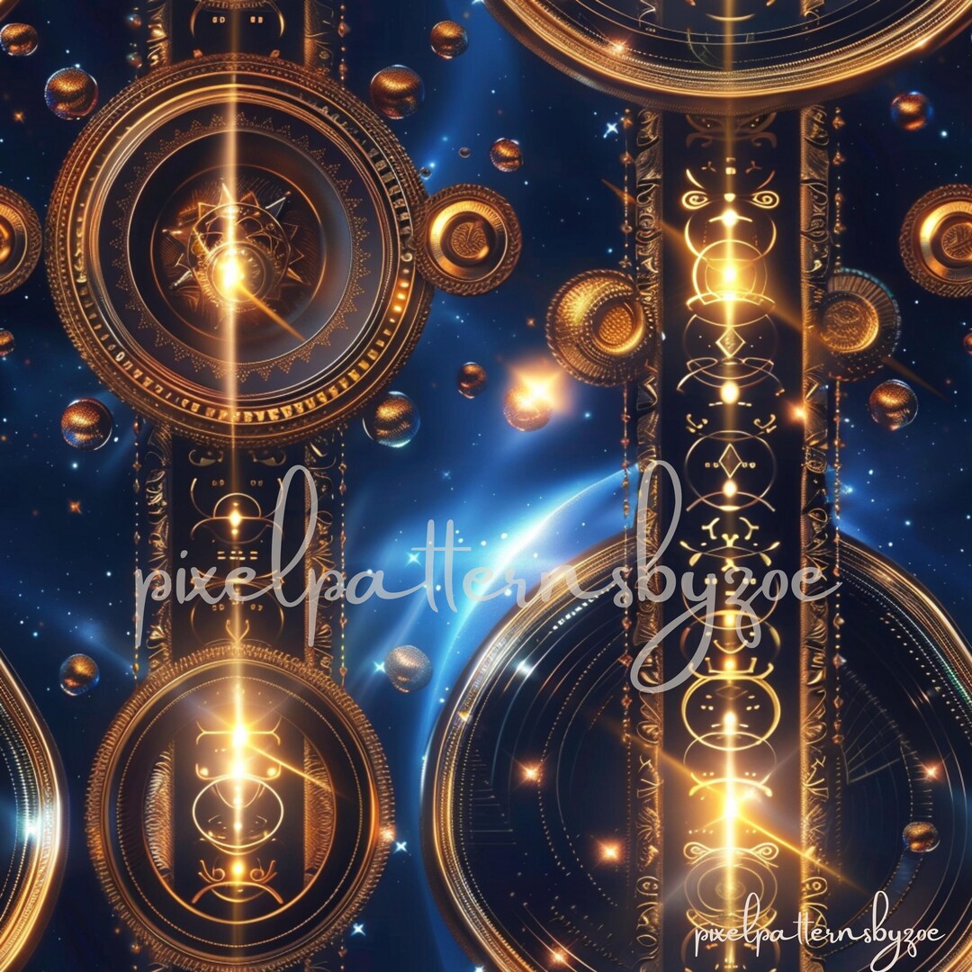 Celestial Orbs & Golden Cosmic Mechanism Seamless Pattern - Luxurious ...