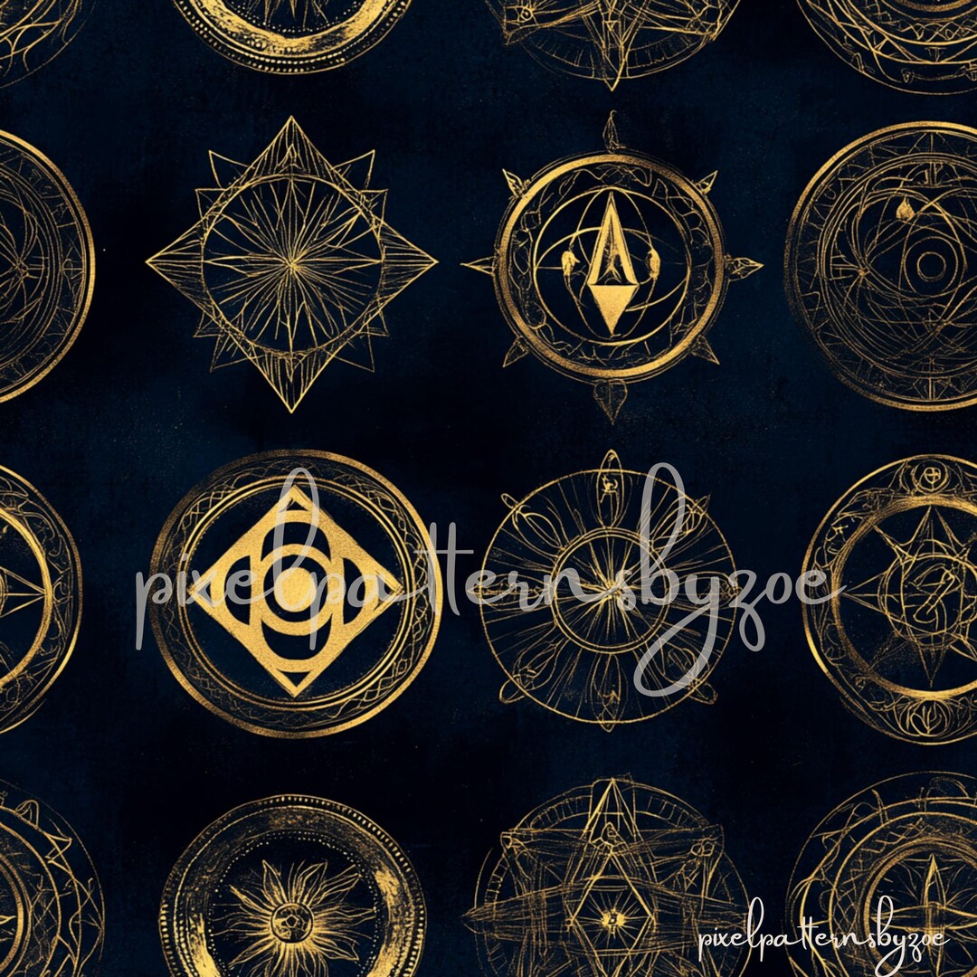 Mystical Alchemy Symbols Pattern: Golden Sigils on Navy Background ...