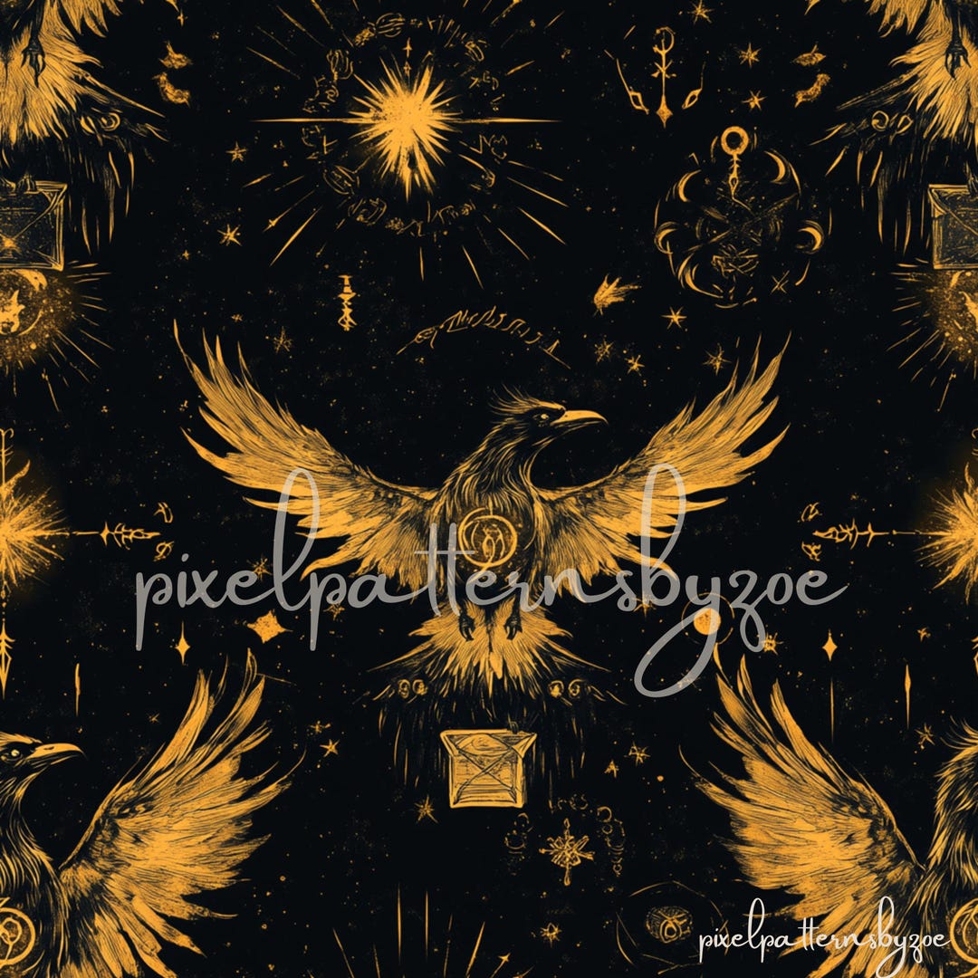 Mystical Golden Ravens Celestial Pattern: Seamless Alchemy Background ...