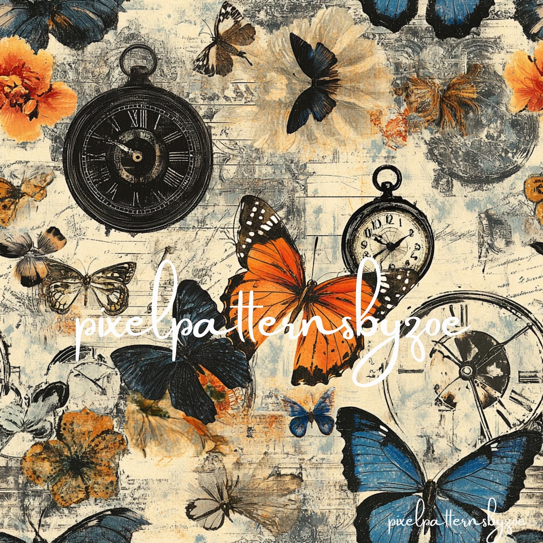 Vintage Butterfly & Pocket Watch Pattern: Digital Download for Retro ...