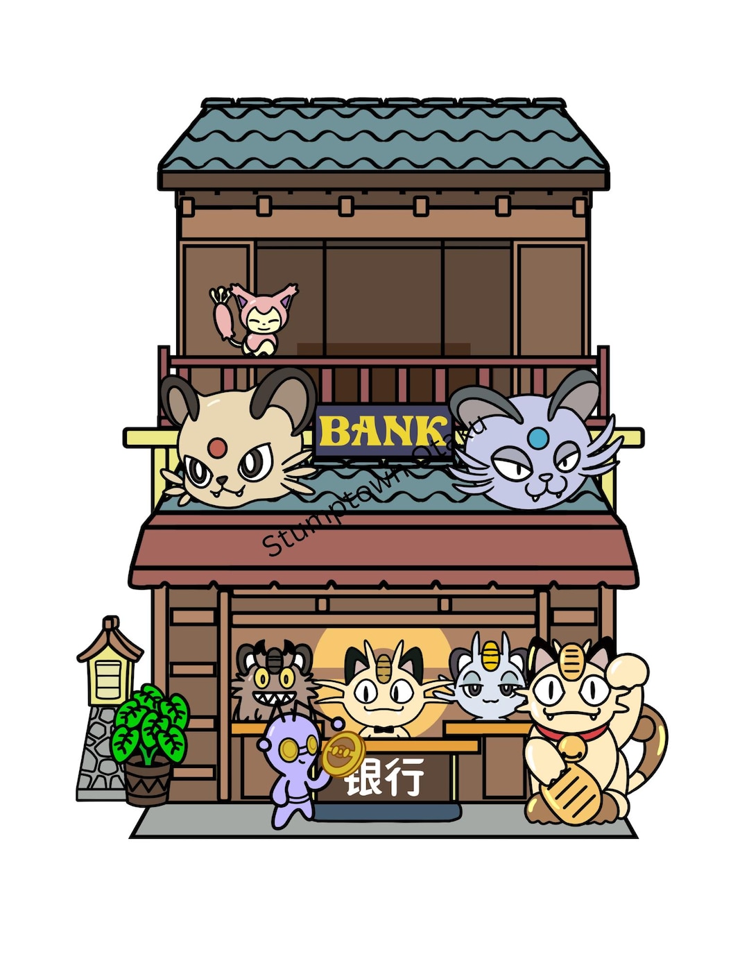 Meowth Bank – Kawaii Pokémon Bank Storefront Art Print | Cozy Japanese ...