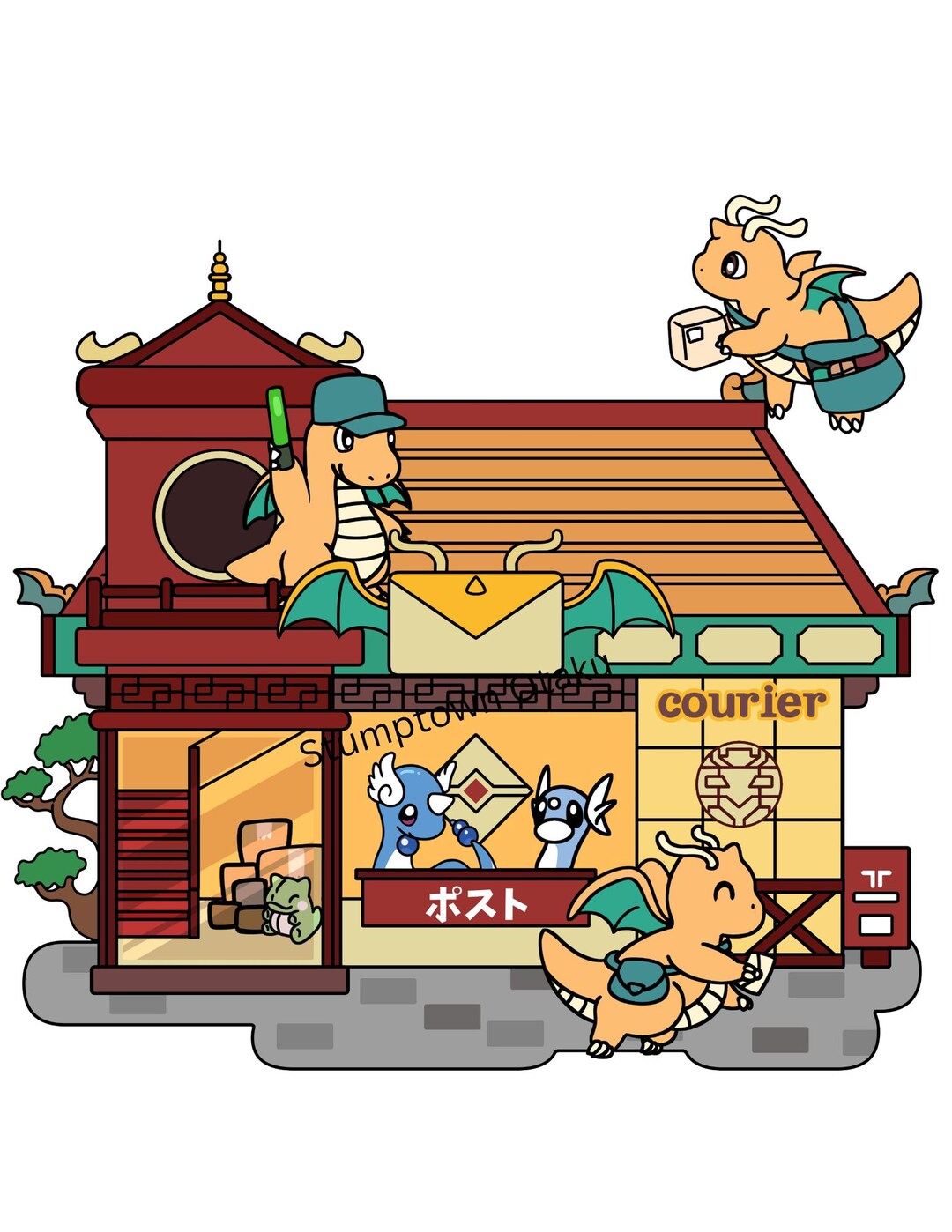 Dragonite Courier Post Office – Kawaii Pokémon Mail Shop Art Print ...