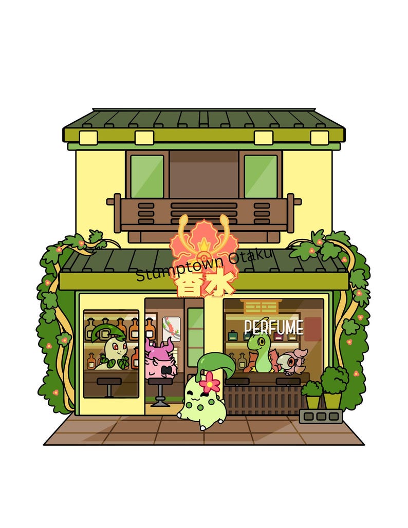 Chikorita Perfume Shop – Kawaii Pokémon Fragrance Boutique Art Print ...