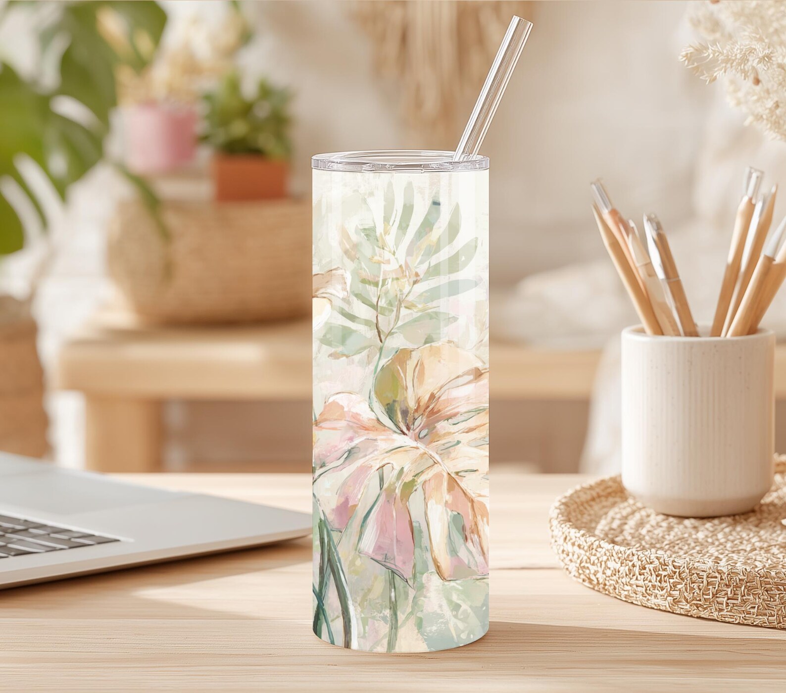 20oz Office Tumbler Mockup: Workspace Plants Neutral Sublimation Canva ...