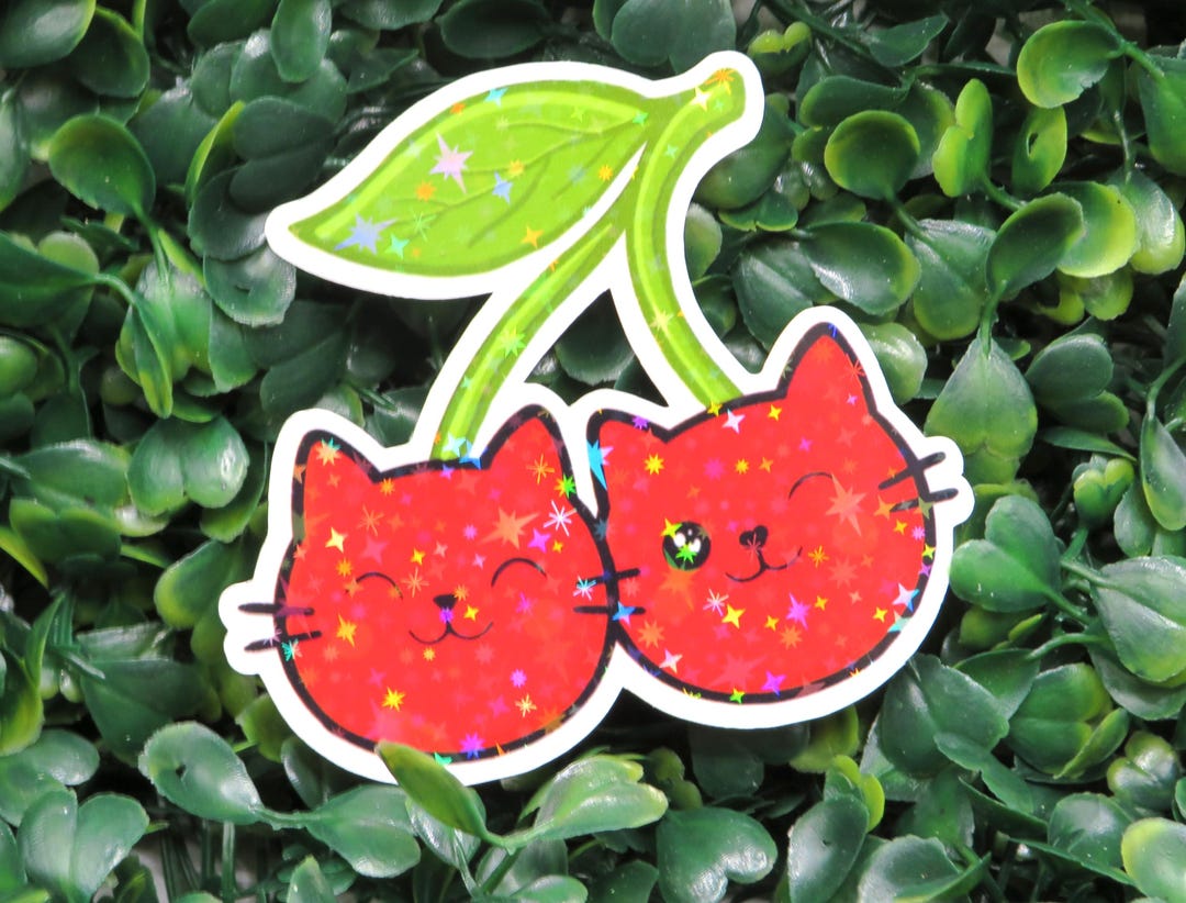 Cherry Cat Sticker: Kawaii Vinyl Decal With Sparkle Star Laminate - Etsy