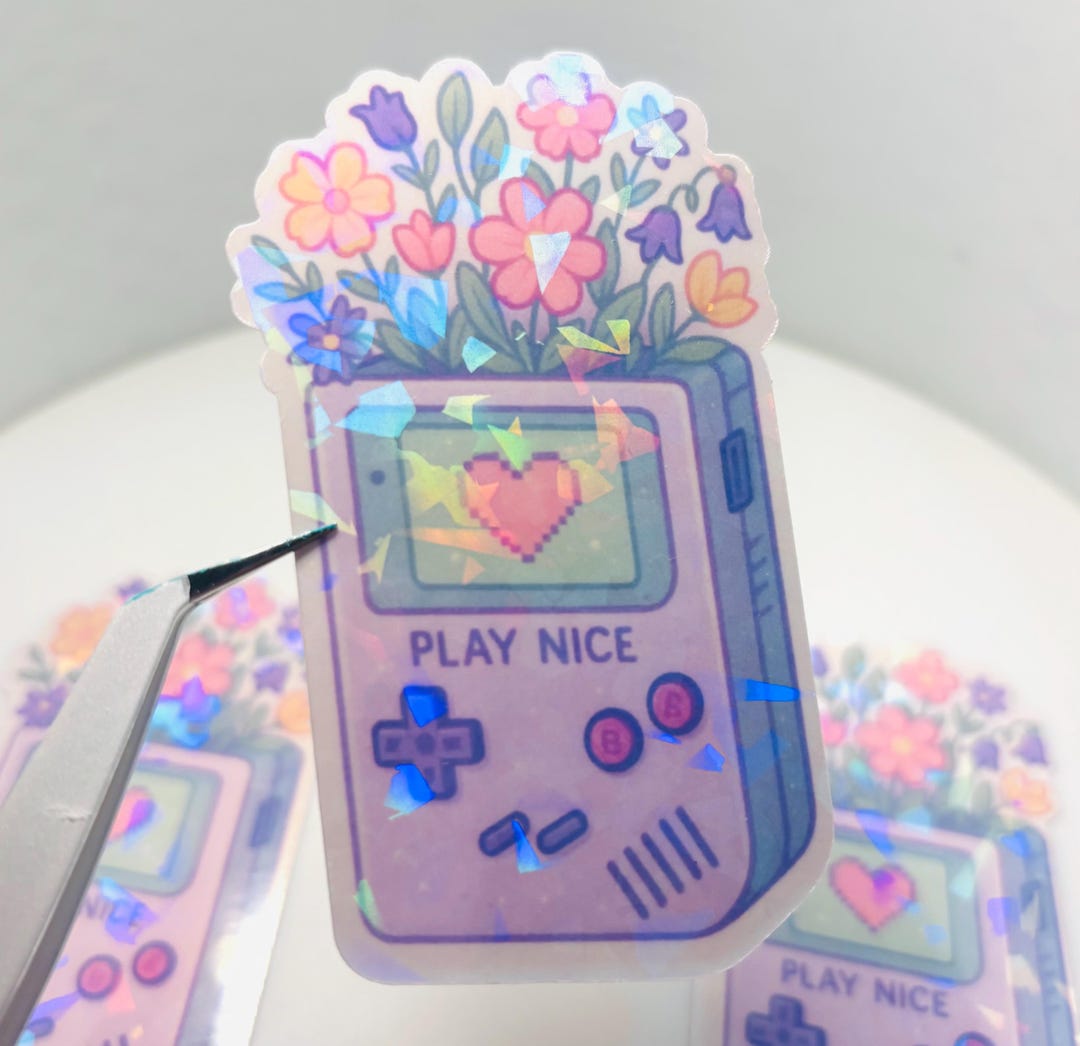 Play Nice Floral Game Console Sticker – Pastel Holographic Vinyl - Etsy