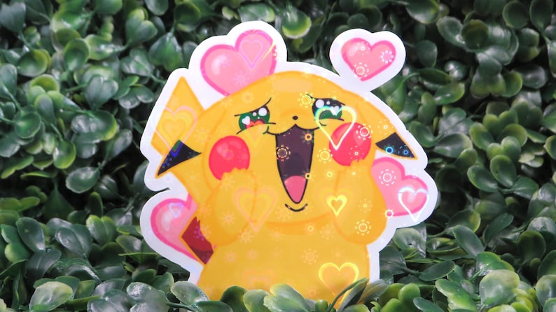 Holographic Pikachu in Love Sticker, Sparkly Hearts Vinyl Sticker , for ...