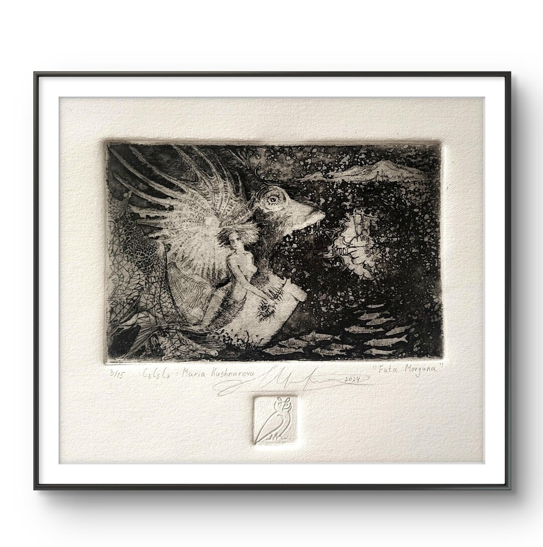 Graphic Etching Original Print, Mermaid Art Home Wall Decor, Ukranian ...
