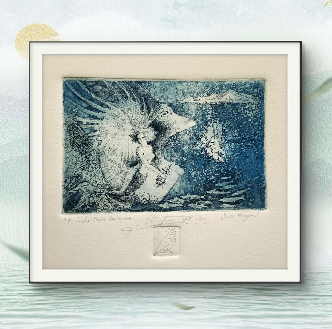 Graphic Etching Original Print, Mermaid Art Home Wall Decor, Ukranian ...