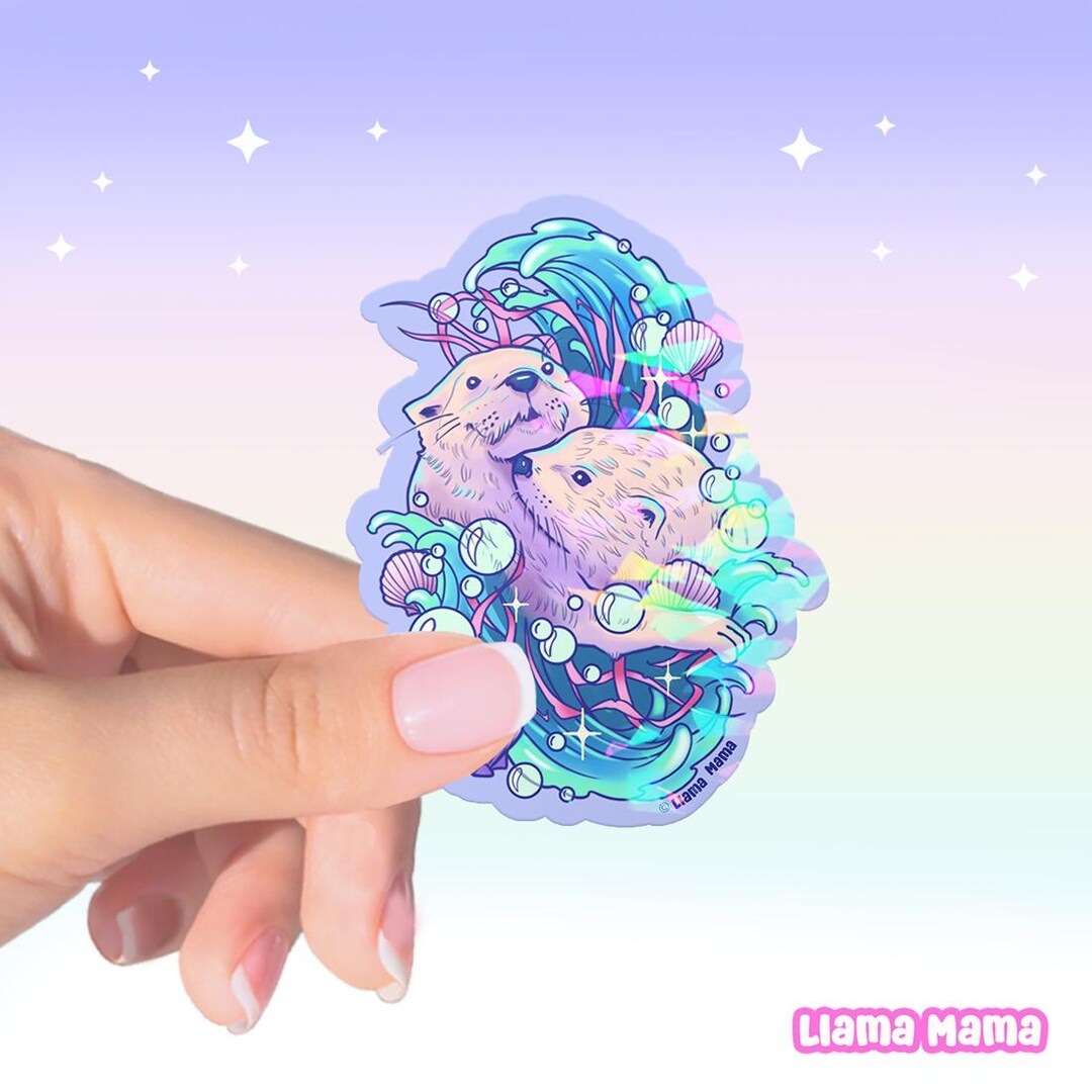 Otter Couple Cuddles Seashells and Bubbles | Vinyl Sticker Waterproof ...