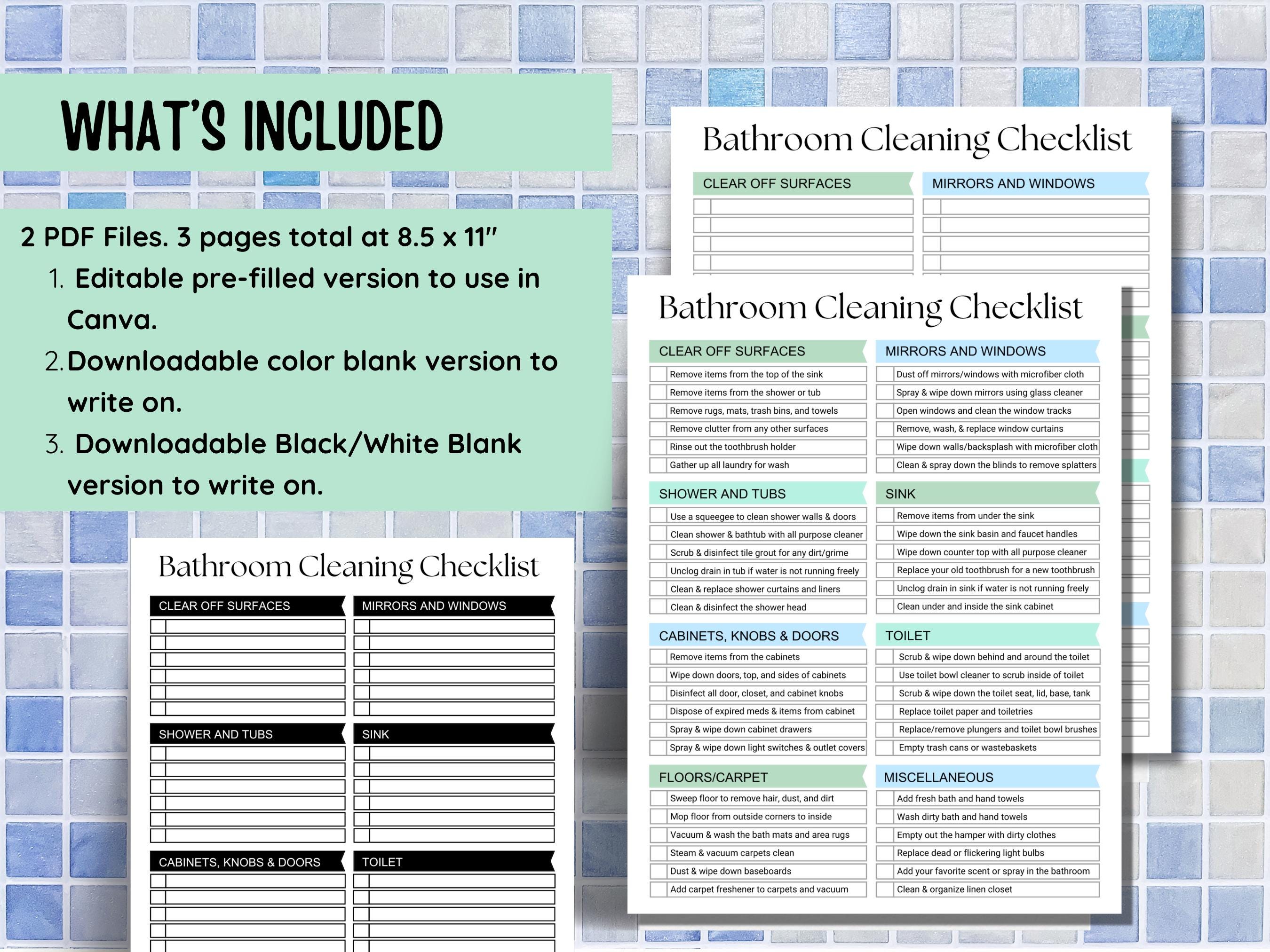 Editable Bathroom Cleaning Checklist, Cleaning Schedule, Checklist ...