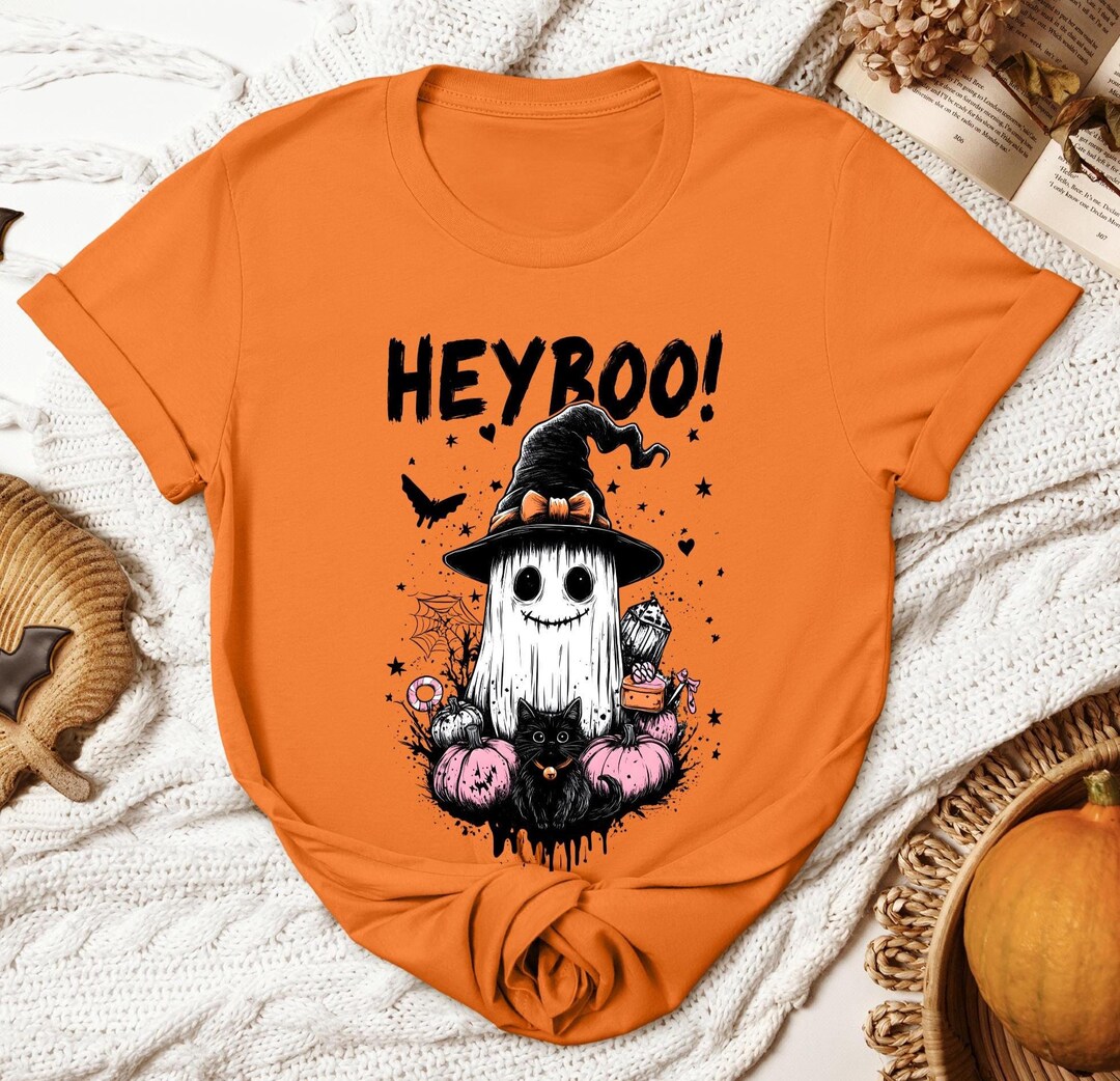 Hey Boo Shirt: Kids Halloween Ghost & Cat Top - Etsy