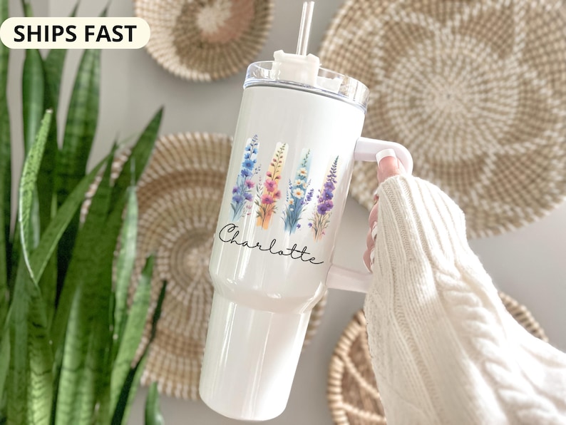 Personalized Birth Flower Tumbler, 40oz Stainless Steel Stanley Style ...