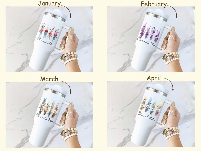 Birth Flower Tumbler Personalized, 40oz Stanley Style Tumbler With Name ...