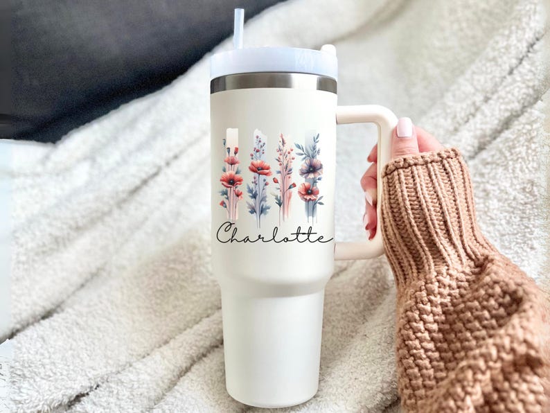 Personalized Birth Flower Tumbler, 40oz Stainless Steel Stanley Style ...