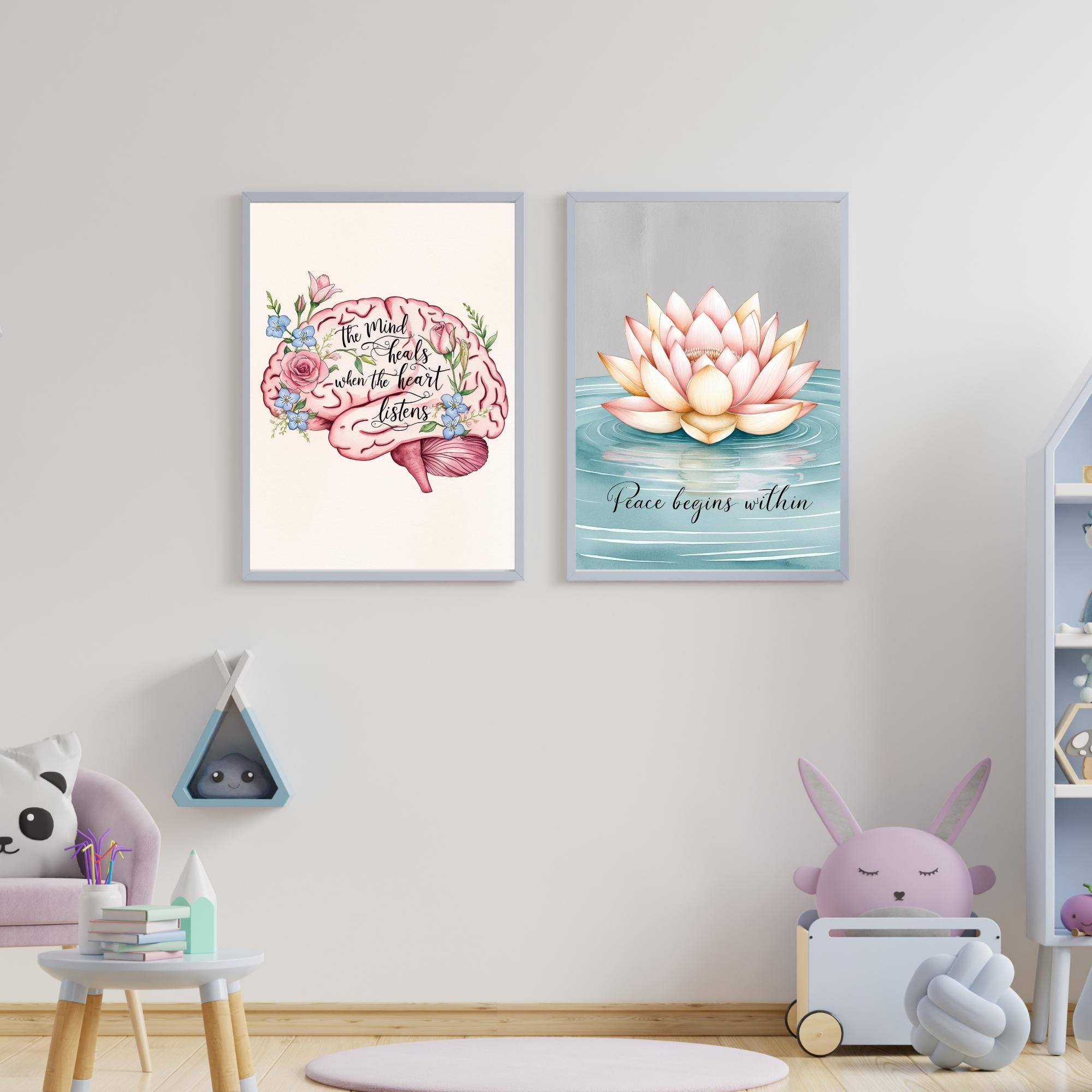 Mental Health Therapy Office Decor Set of 2 Printable Watercolor Brain ...