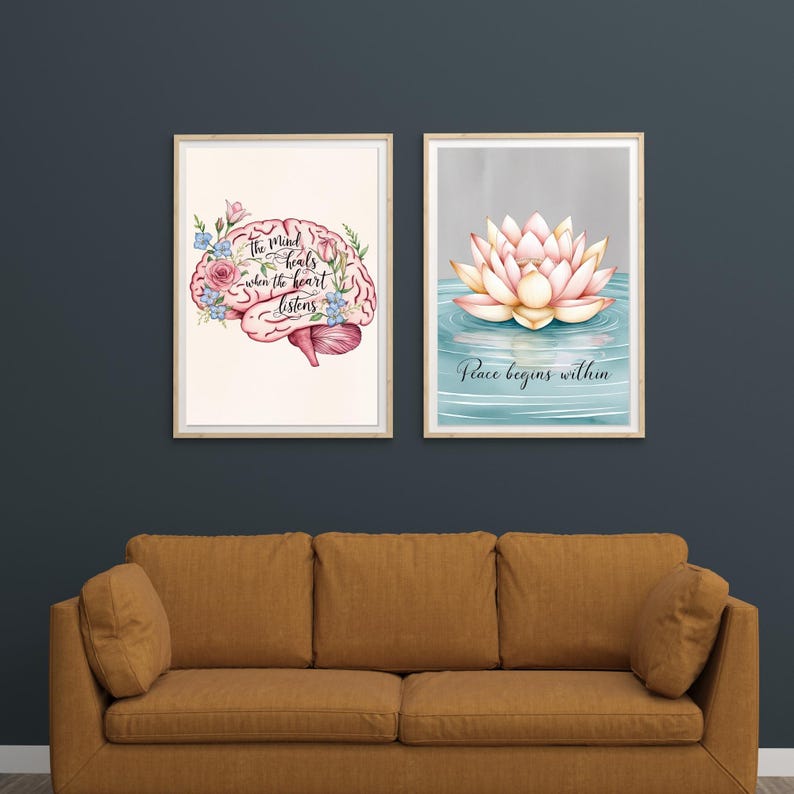 Mental Health Therapy Office Decor Set of 2 Printable Watercolor Brain ...