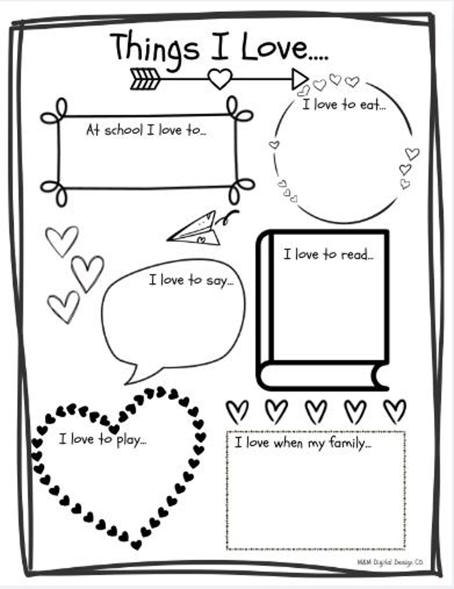 Things I Love Worksheet, Valentines Worksheet for Kids, Classroom ...