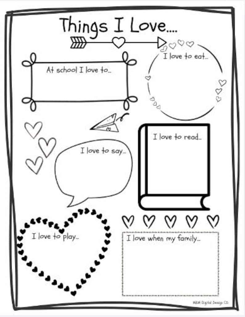 Things I Love Worksheet, Valentines Worksheet for Kids, Classroom ...