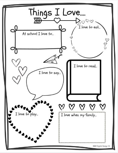 Things I Love Worksheet, Valentines Worksheet for Kids, Classroom ...