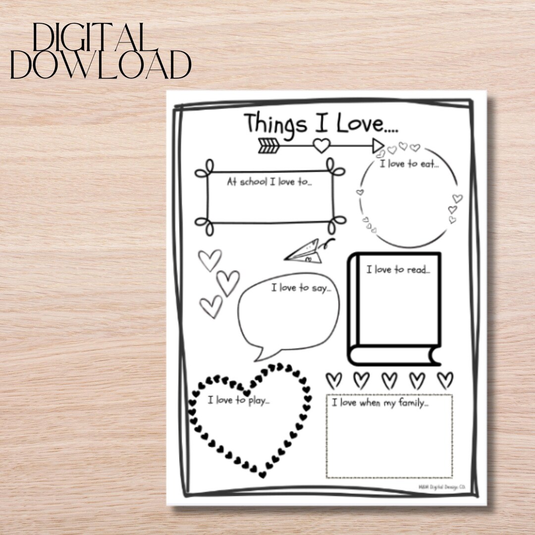 Things I Love Worksheet, Valentines Worksheet for Kids, Classroom ...