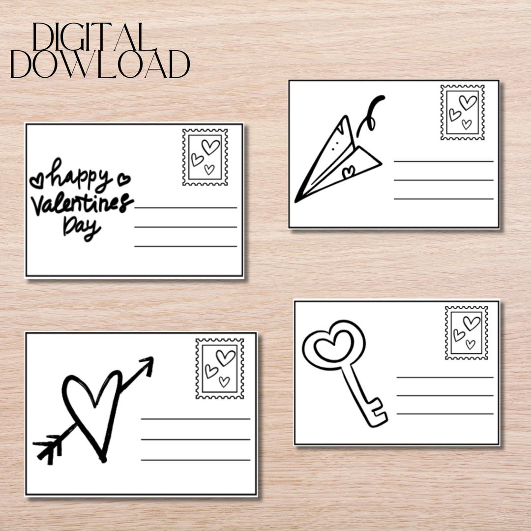 Valentine Postcard Coloring Pages, Kids Activity (digital Download) - Etsy