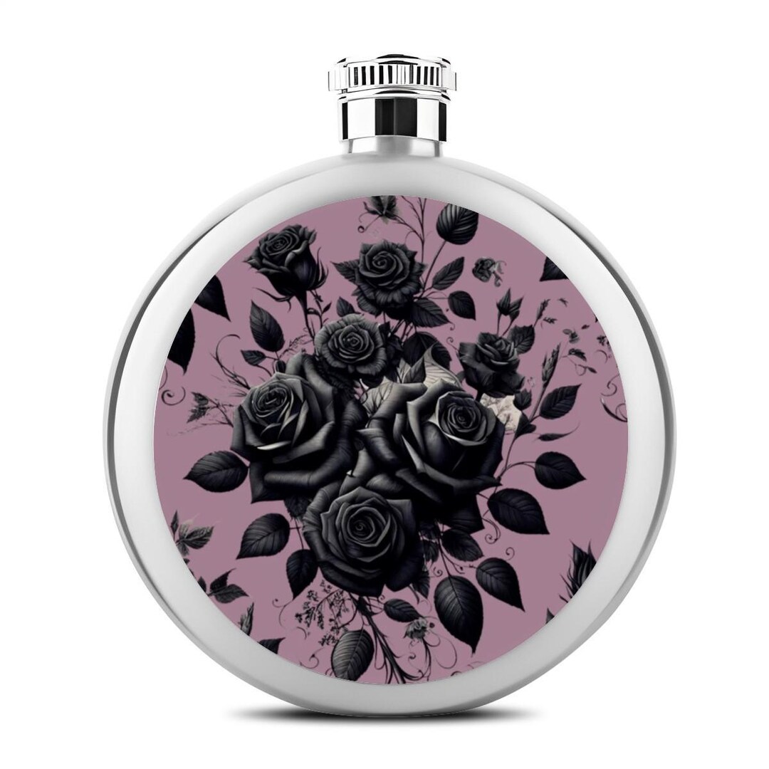 Black Rose Hip Flask | Pink Gothic Floral 5oz Stainless Steel ...
