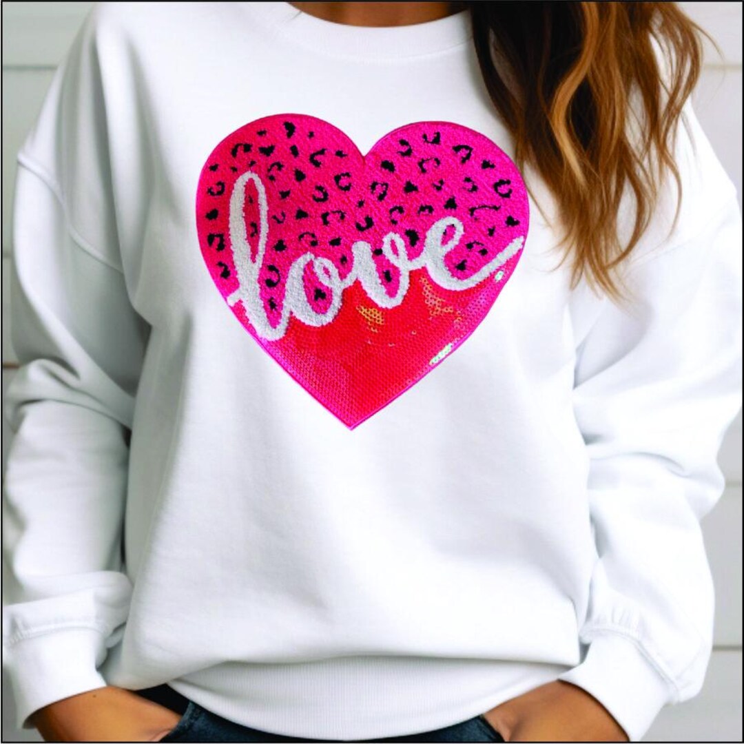 Love Heart Sequin and Chenille Patch Iron on Heat Press Applique Fuzzy ...