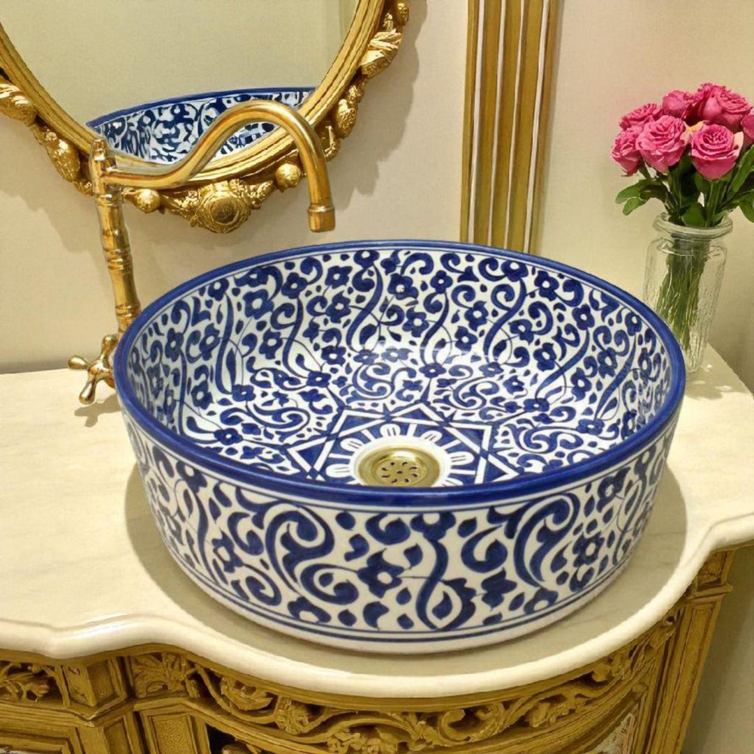 Hand-painted Moroccan Ceramic Sink: Blue Floral Vessel Basin - Etsy