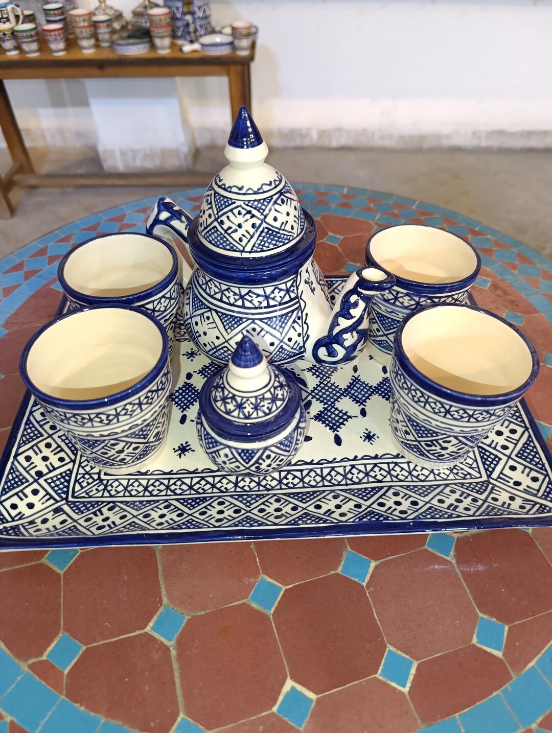 Handmade Moroccan Tea Set – Traditional Blue & White Ceramic Pottery ...