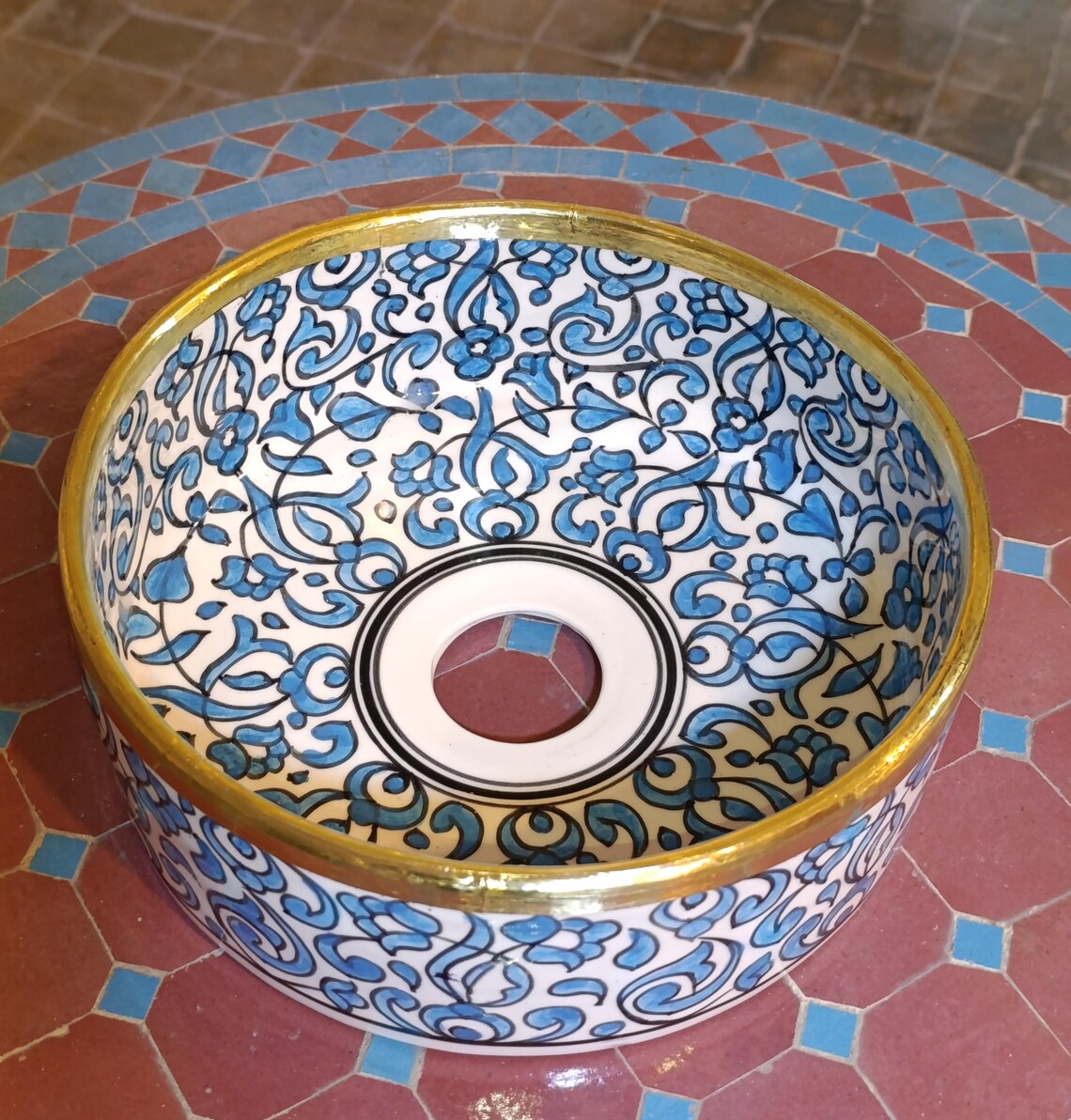 Hand-painted Moroccan Ceramic Sink: Blue Floral Vessel Basin With Brass ...