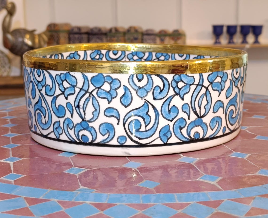 Hand-painted Moroccan Ceramic Sink: Blue Floral Vessel Basin With Brass ...