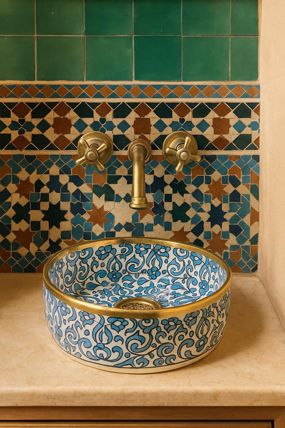Hand-painted Moroccan Ceramic Sink: Blue Floral Vessel Basin With Brass ...