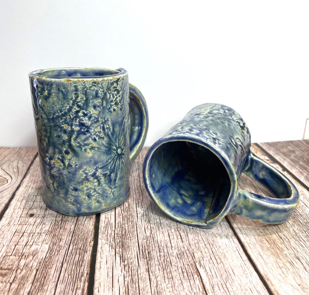 Pottery Tea Mugs - Blue/green Mugs - Slab Built Embossed Pottery Mugs ...