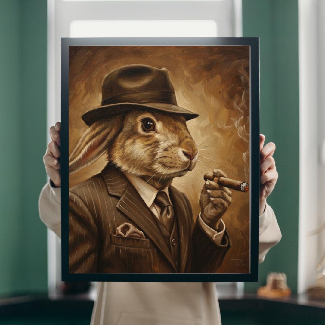 Gangster Rabbit Portrait, Smoking Bunny Art, Mafia Boss Wall Decor, Man ...