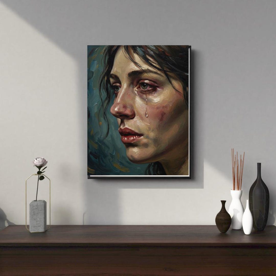 Crying Woman Portrait Print, Emotional Moody Art, Textured Oil Painting ...