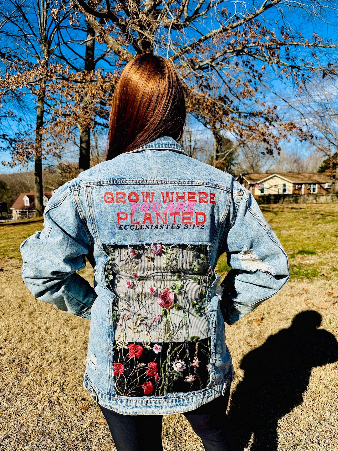 Upcycled Reworked Jean Jacket Mesh Floral Panel “grow Where You Are ...