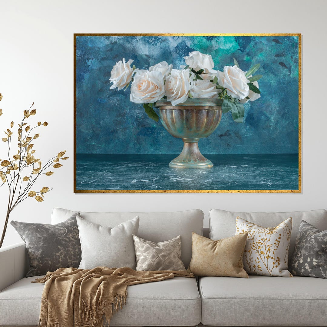 Elegant White Roses Canvas, Floral Wall Art, Vintage Vase Roses Print ...