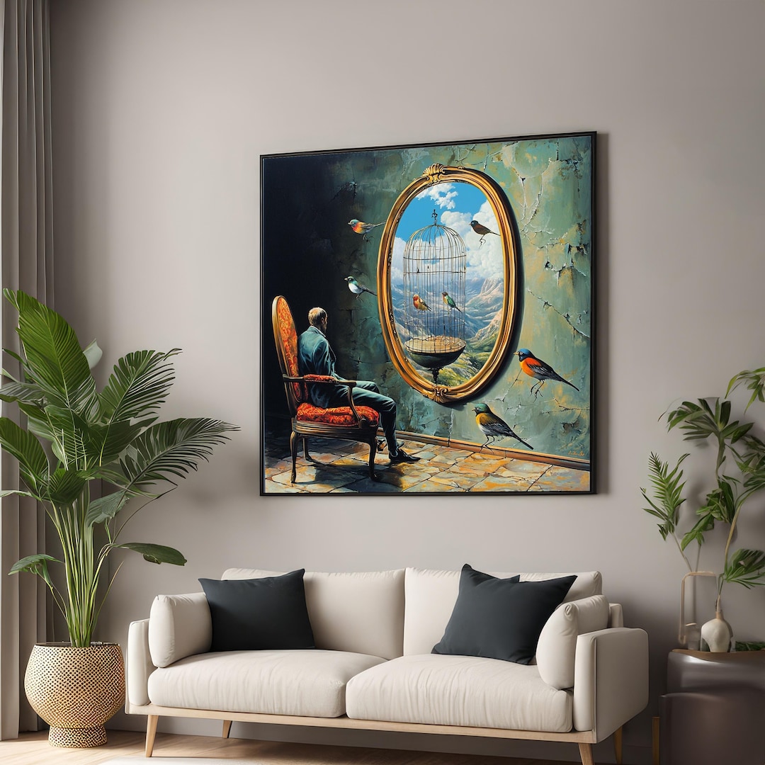 Renee Magritte Art Syle, Surreal Birdcage Canvas, Man in Chair Wall Art ...