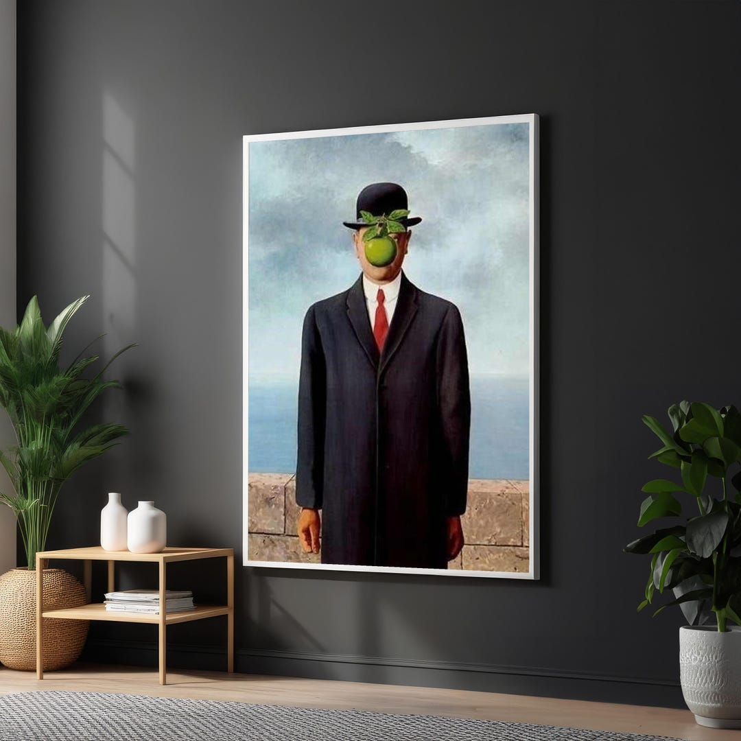 Magritte Surreal Man Canvas, Green Apple Face Art, Surreal Wall Art ...