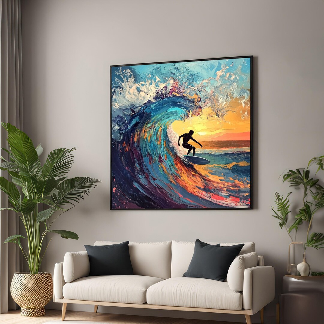 Surfer on Sunset Wave Canvas, Surf Art Print, Ocean Wall Art, Surfing ...