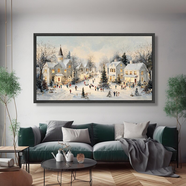 Cozy Snowy Village Winter Scene Canvas, Christmas Tree Festival Wall ...